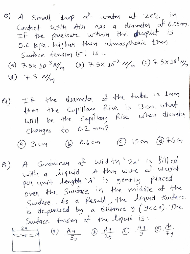 Surface Tension and Capillary Questions | PDF