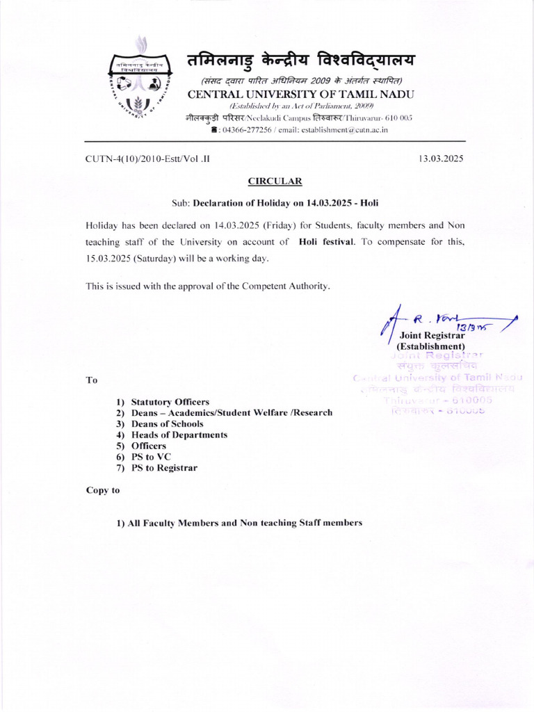 CUTN Holiday Circular for Holi 2025 | PDF