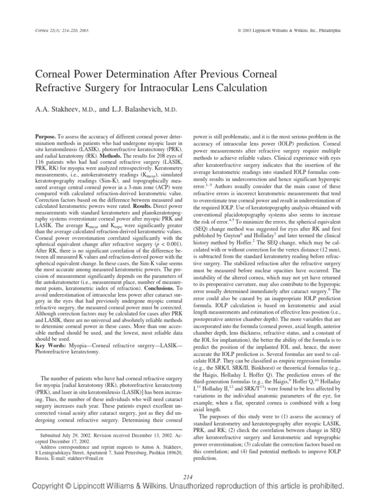 Corneal Power Determination After Previous Corneal | PDF | Myopia ...