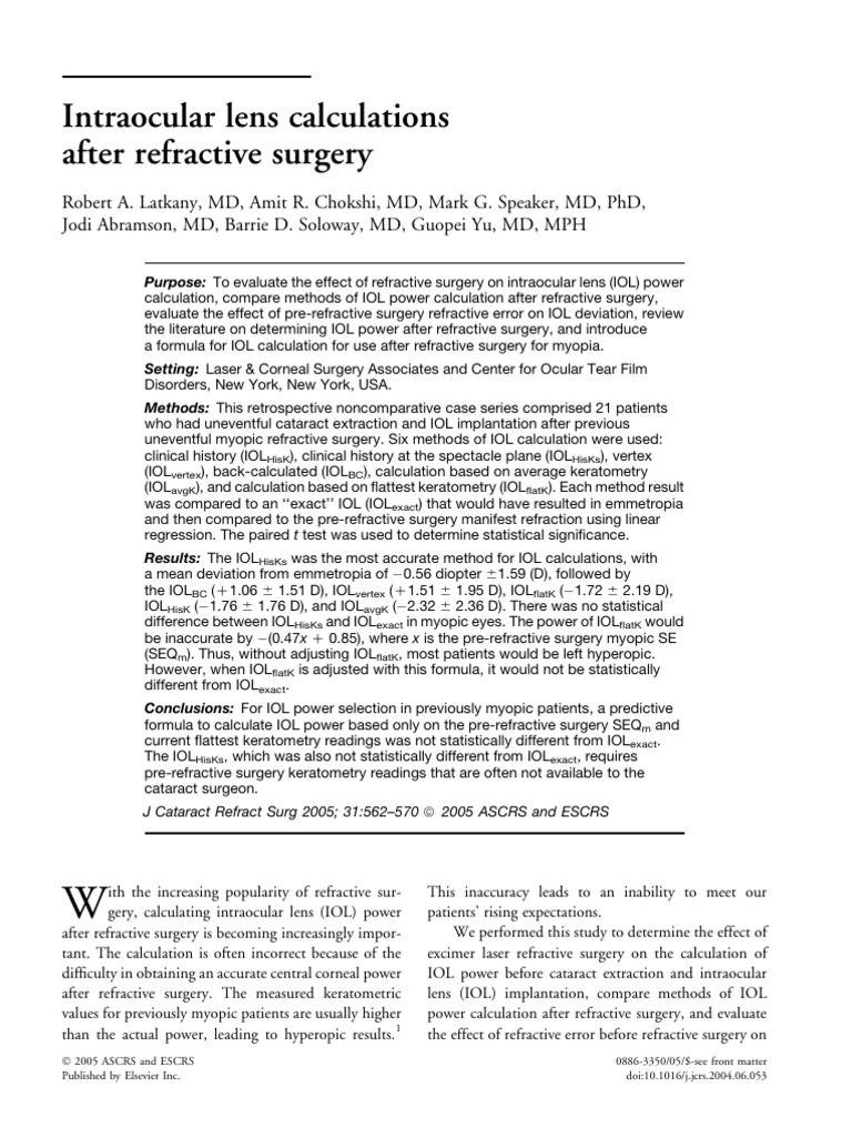 Intraocular Lens Calculations | PDF | Myopia | Cornea