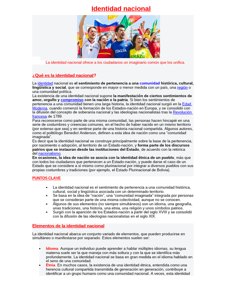 Concepto y Elementos de Identidad Nacional | PDF | Nación | Nacionalismo