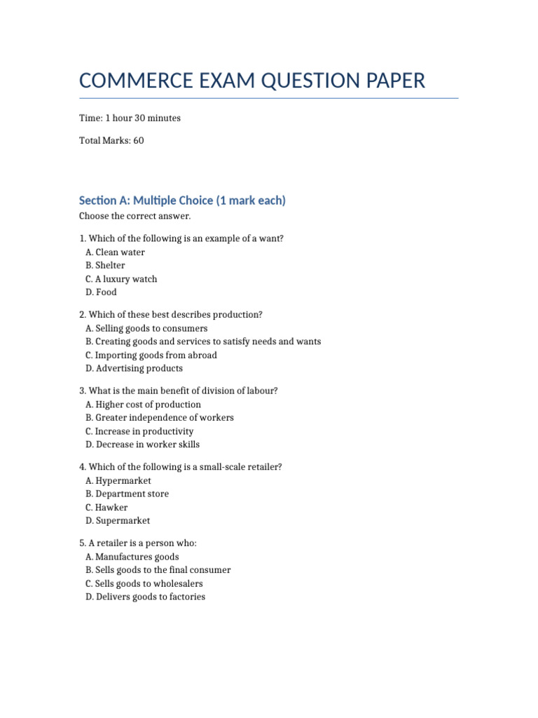 Commerce Exam Question Paper 2025 | PDF