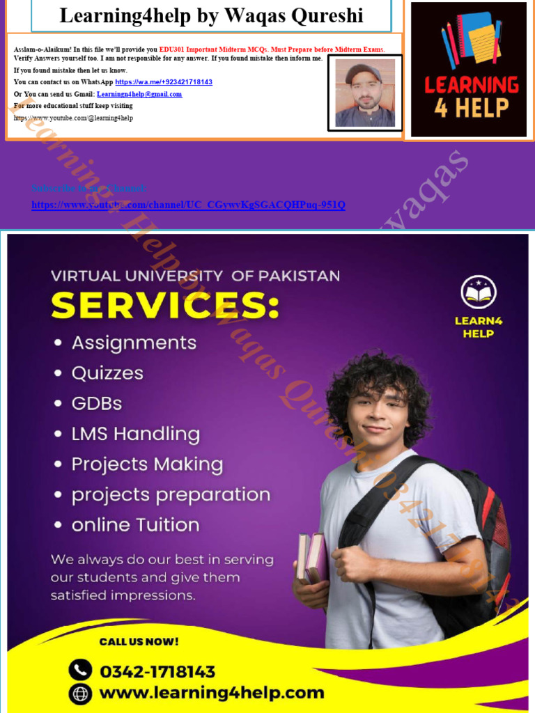 EDU301 File Midterm Important MCQs by Learning4Help (Waqas Qureshi) | PDF