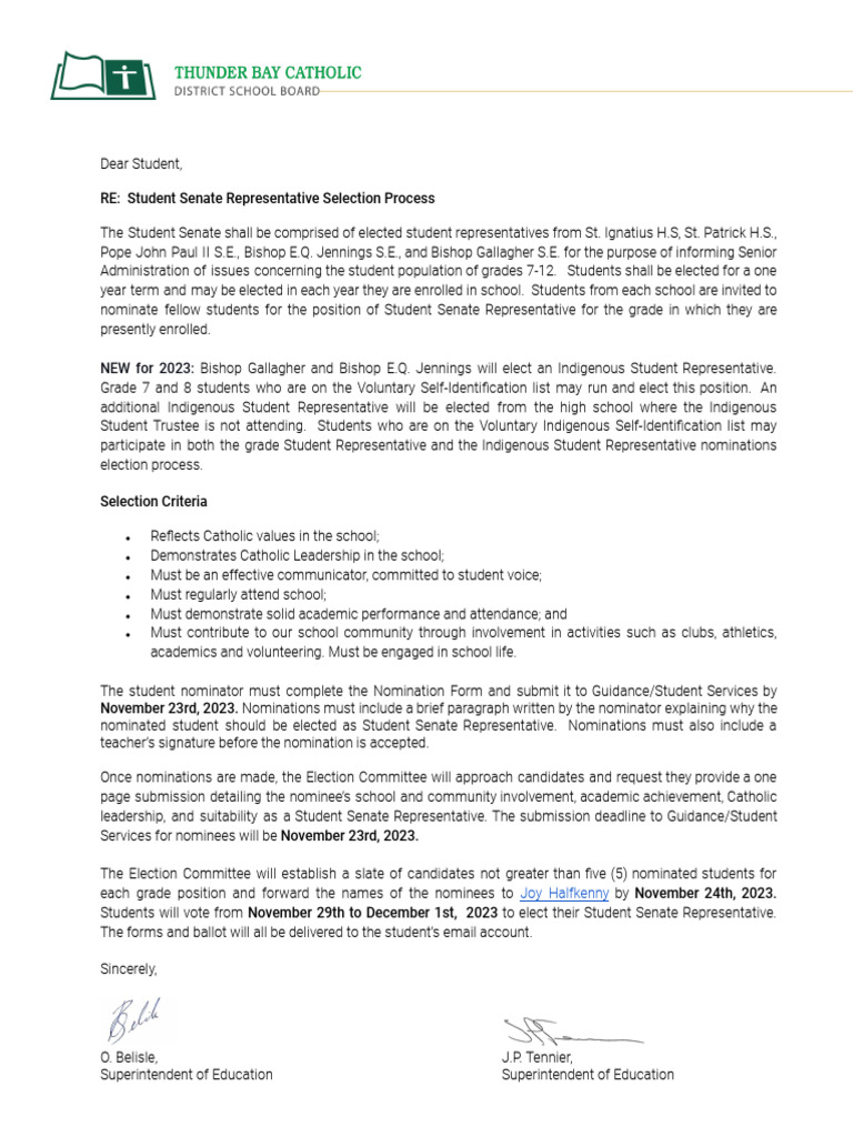 Student Senate Nomination Outline Letter and Forms 2023-2024 | PDF ...