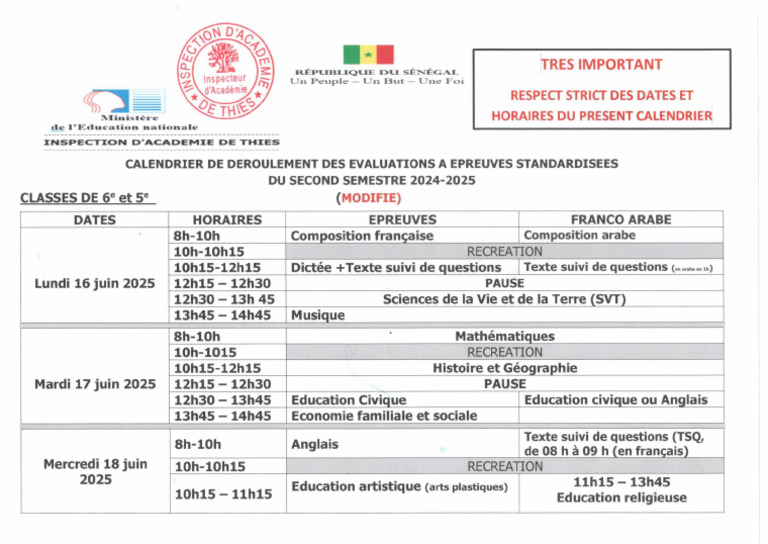 Calendrier Second Semestre Modifié - Classes 6ème Et 5ème | PDF