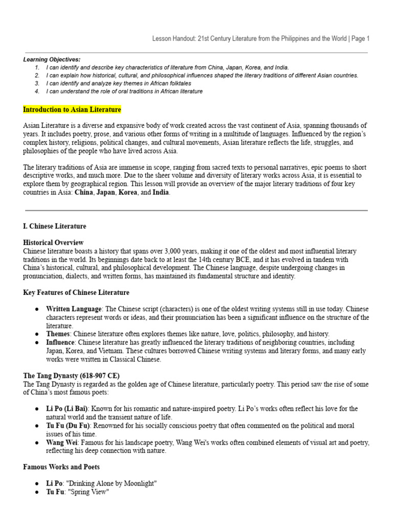 Handout 1 - Asian Literature & Intro To African Literature | PDF ...