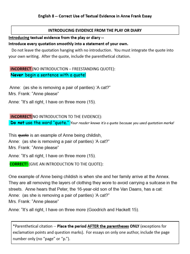 2024 Correct Use of Textual Evidence in Anne Frank Essay | PDF