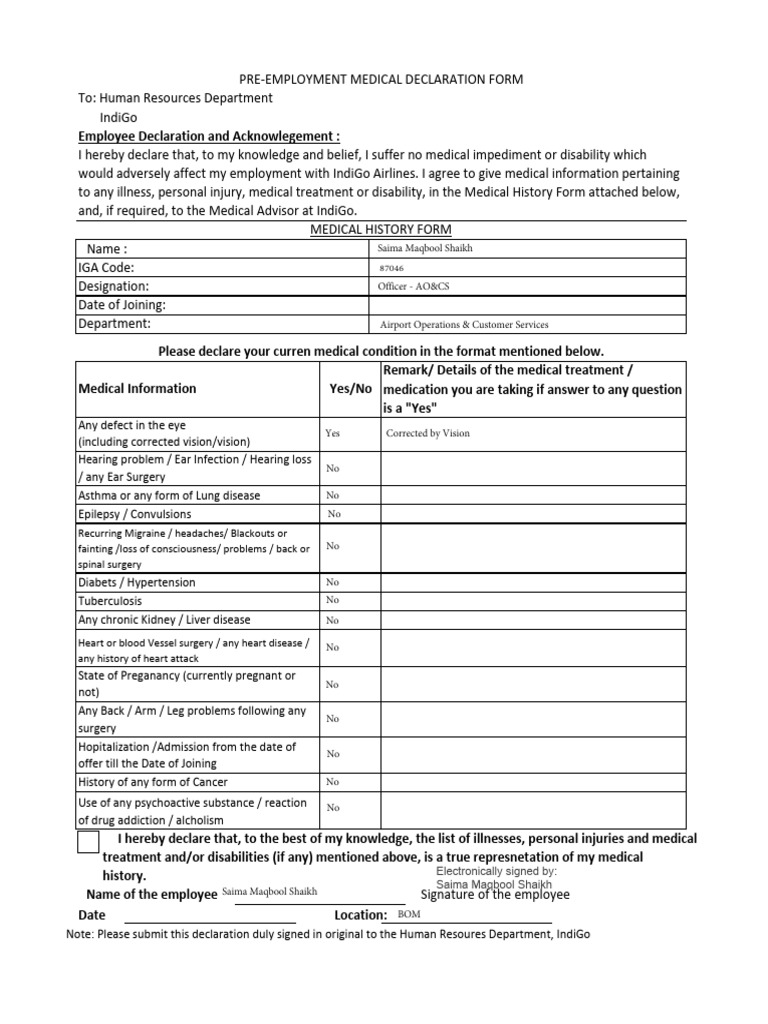 Pre Employment Medical Declaration Form | PDF | Diseases And Disorders | Medical Specialties