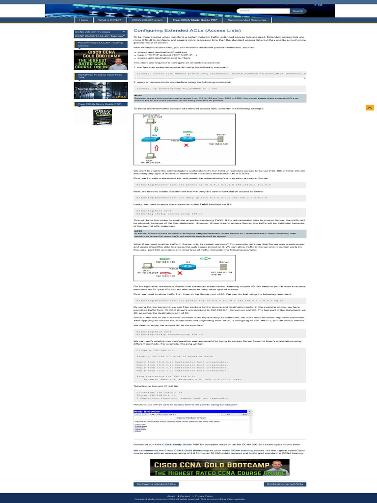 Configuring Extended ACLs - Study CCNA | PDF | Internet Protocols | Port (Computer Networking)