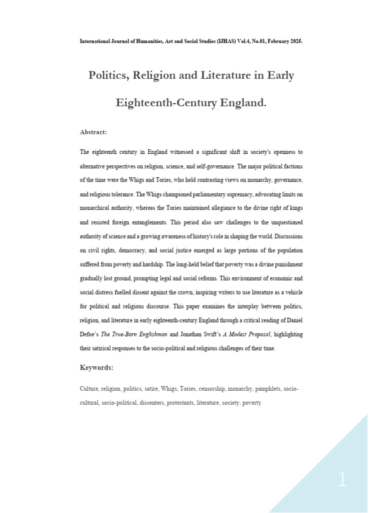 Politics, Religion and Literature in 18th Century England | PDF ...