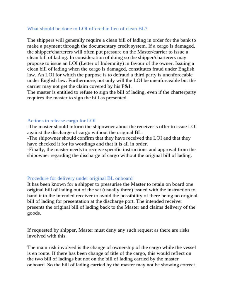 LOI and Clean Bill of Lading Guidelines | PDF | Bill Of Lading | Insurance