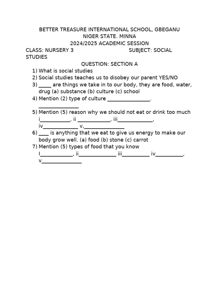 Nursery 3 Social Studies Questions | PDF