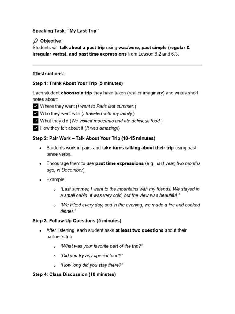 Speaking Task: My Last Trip Activity | PDF