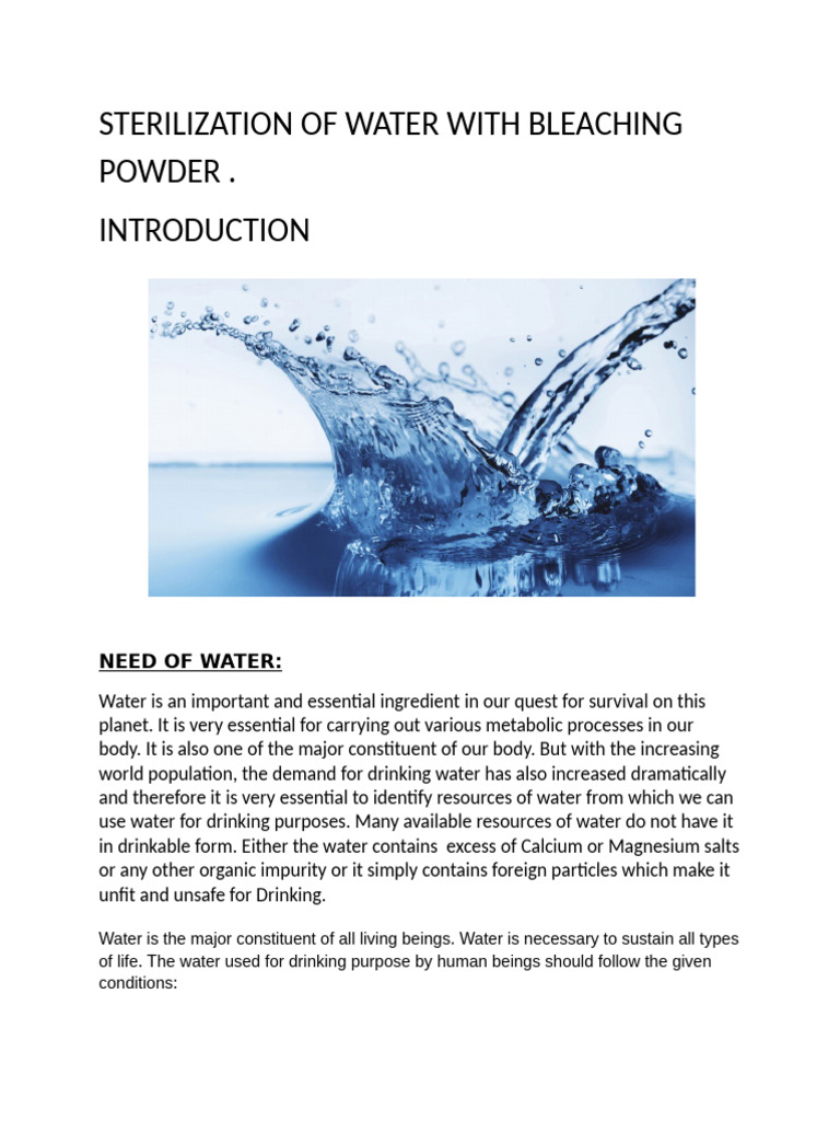 Sterilization of Water With Bleaching Powder - Project | PDF | Water ...