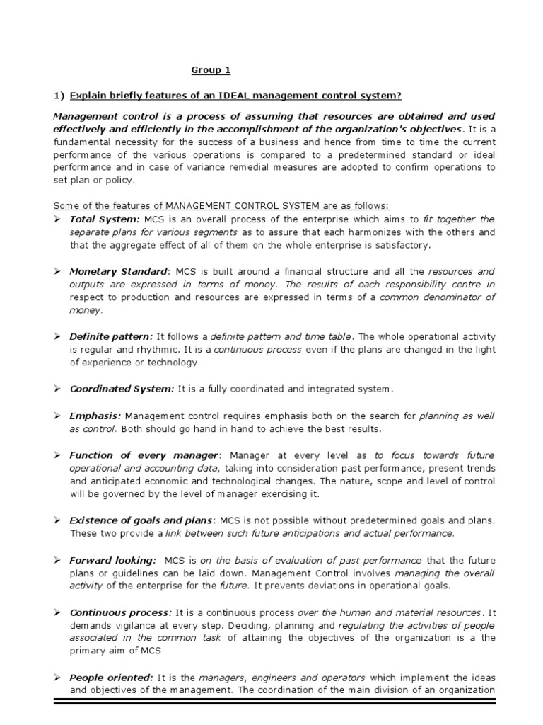 Group 1 1) Explain Briefly Features of An IDEAL Management Control ...