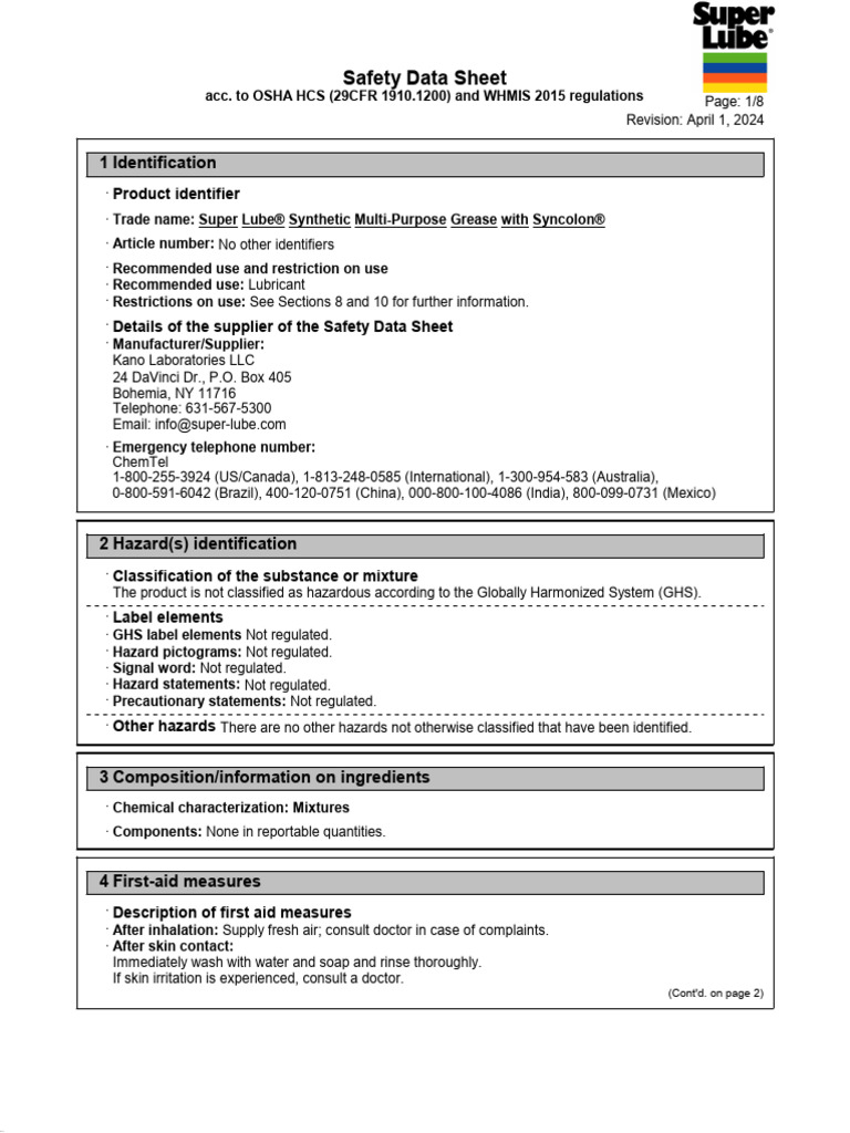 SDS Super Lube Multi-Purpose Grease WHMIS EN Sds | PDF | Occupational ...