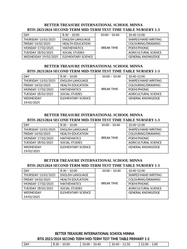 MID TERM TEST TIME TABLE BETTER TREASURE INTERNATIONAL SCHOOL Minna ...