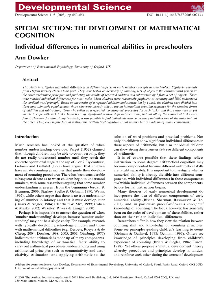Developmental Science - 2008 - Dowker - Individual Differences in Numerical Abilities in ...