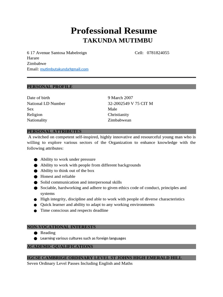 Takunda Mutimbu CV | PDF