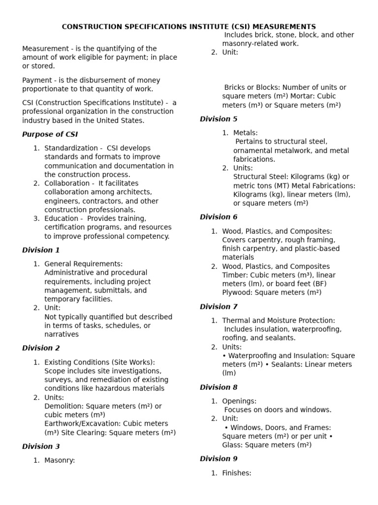 Construction Specifications Institute (Csi) Measurements | PDF ...