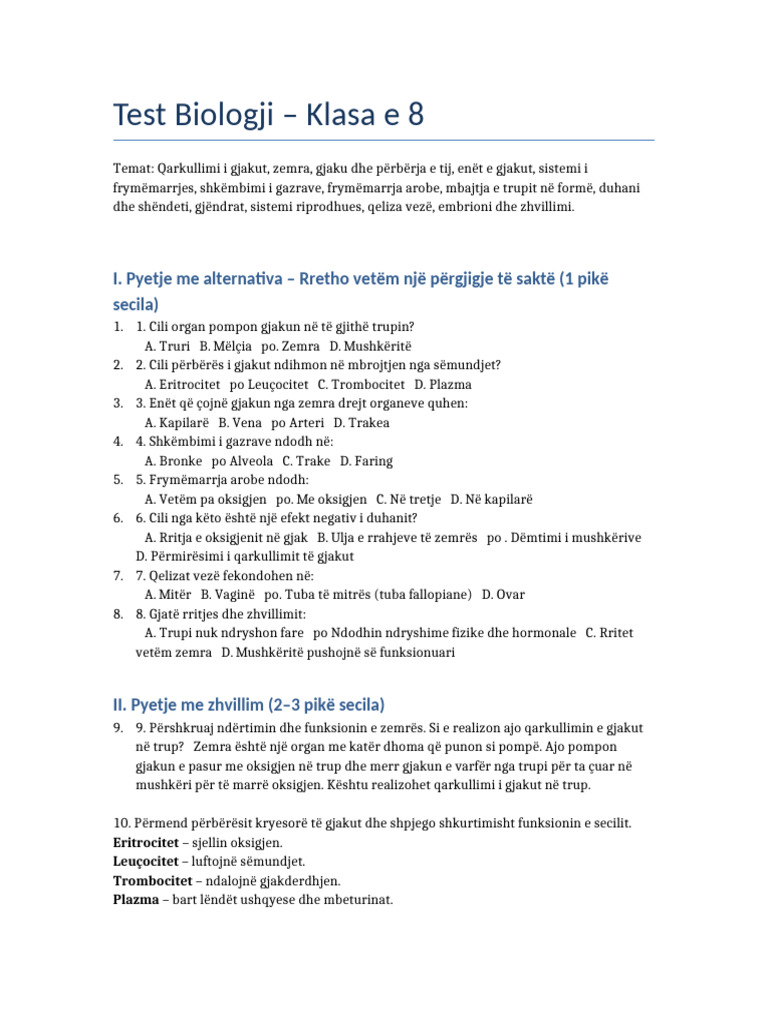 Test Biologji Klasa 8 | PDF