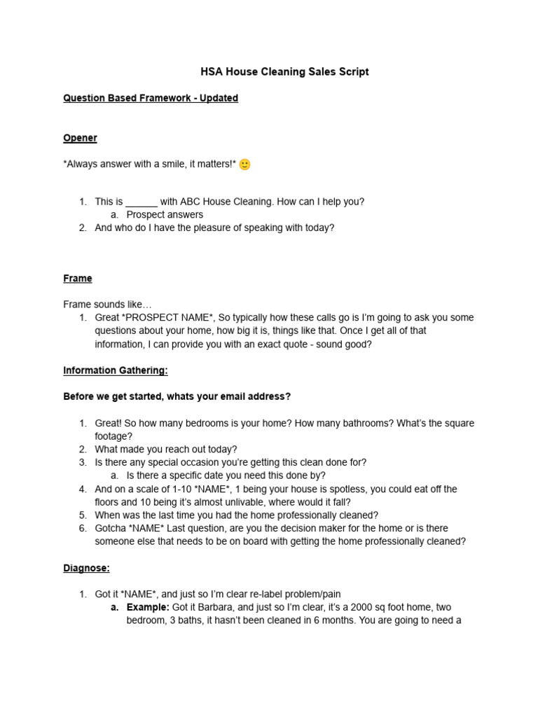 HSA House Cleaning Sales Script | PDF