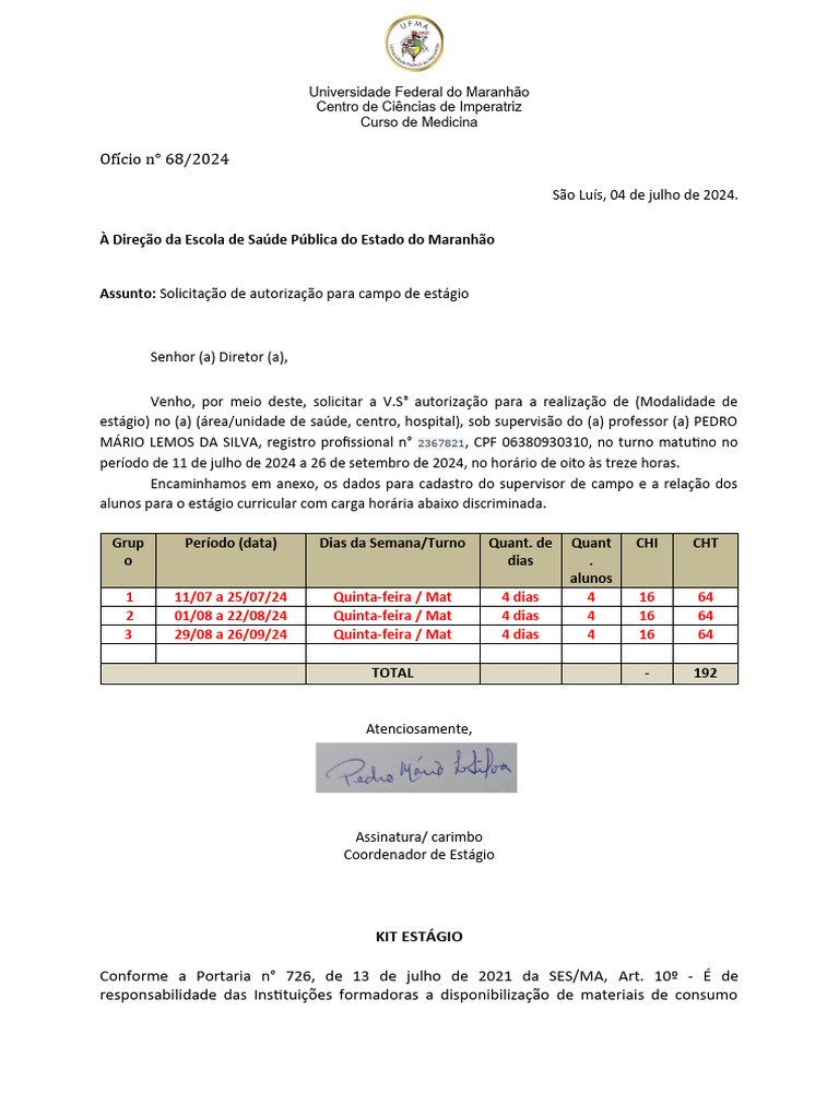 MODELO DE OFICIO DE SOLICITACAO DE ESTAGIO (1) Assinado | PDF