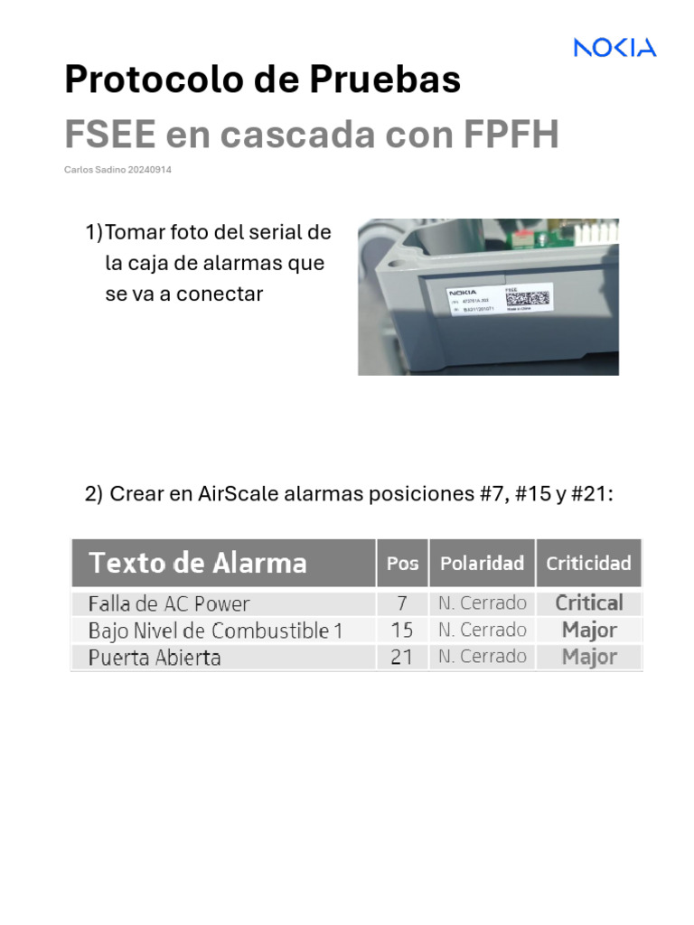 Protocolo de Pruebas FSEE y Alarmas | PDF