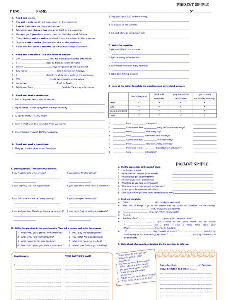 1º ESO - Present Simple Revision 1 | PDF