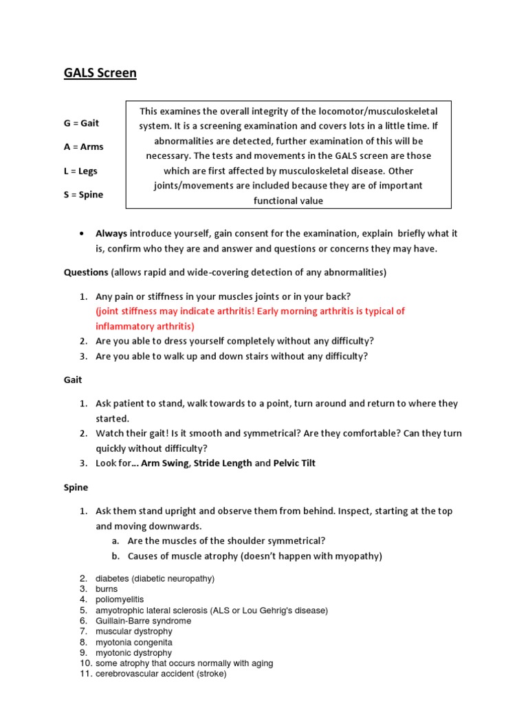 GALS Screen: G Gait A Arms L Legs S Spine | PDF | Anatomical Terms Of ...