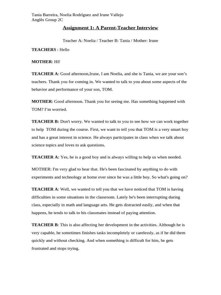 Assignment 1 Parent Teacher Interview | PDF | Learning
