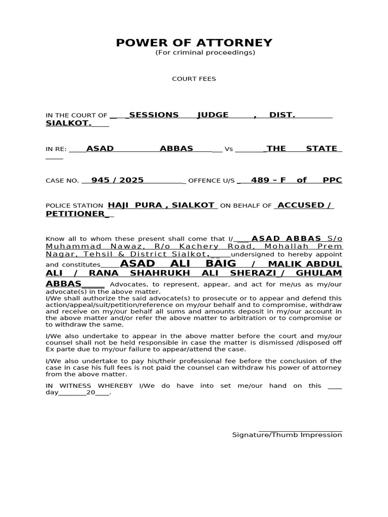 Power of Attorney Filled for Session | PDF