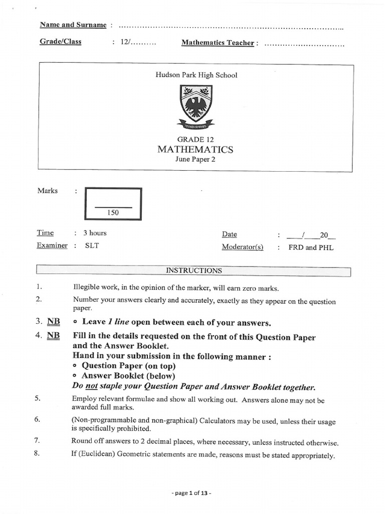 Grade 12 2018 June Maths Paper 2 | PDF