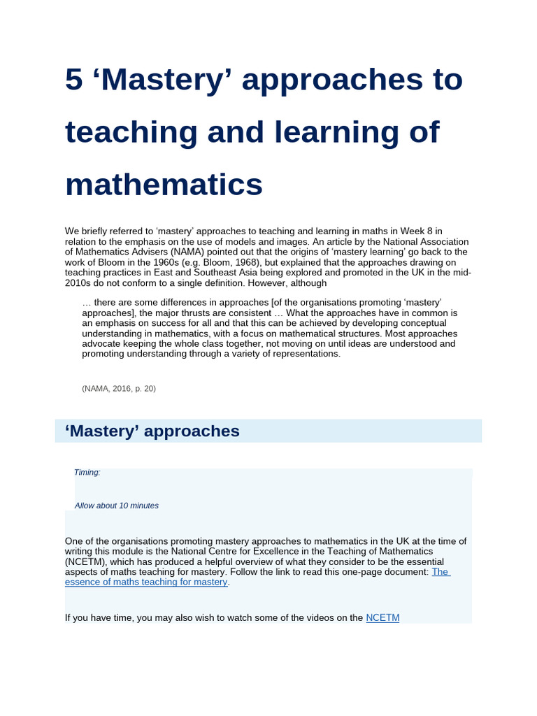 5 Mastery' Approaches To Teaching and Learning of Mathematics | PDF