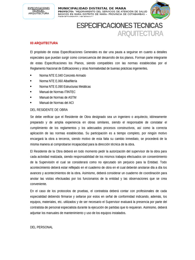 ESPECIFICACIONES TECNICAS ARQUITECTURA | PDF | Ladrillo | Hormigón