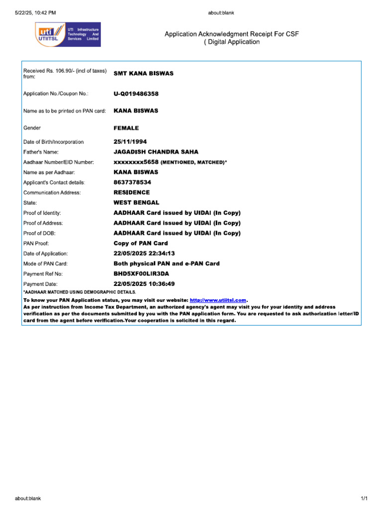 Kana Saha Pan Card Form | PDF