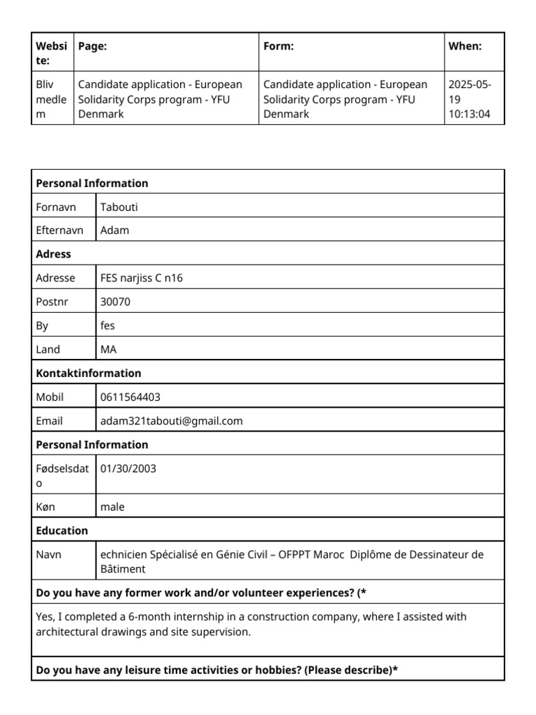 Candidate Application European Solidarity Corps Program Yfu Denmark ...
