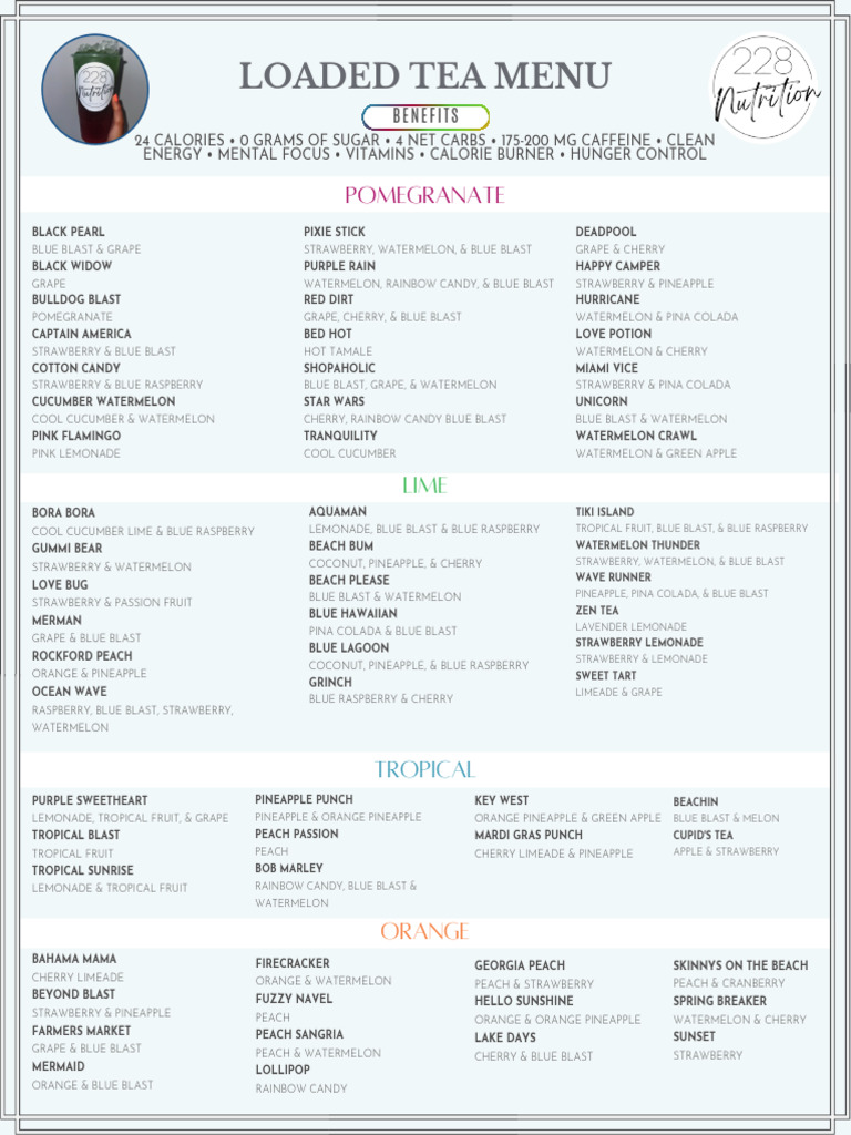 Loaded Tea Menu with Nutritional Benefits | PDF | Berry | Caramel