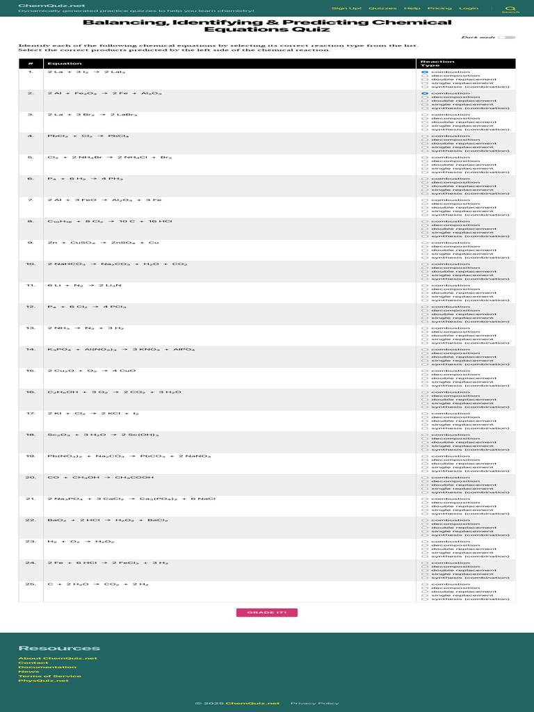 Balancing, Identifying & Predicting Chemical Equations Quiz | PDF ...