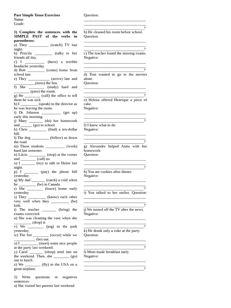Past Simple Tense Exercises | PDF | Language Mechanics | Syntax