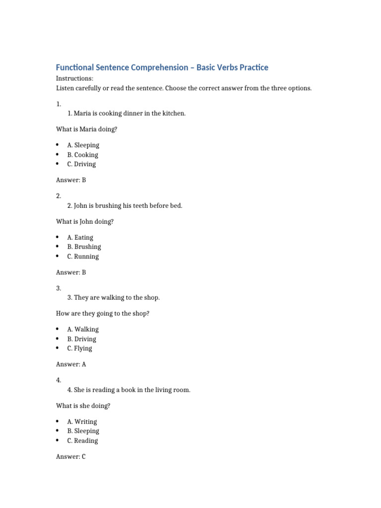 Basic Verbs Comprehension Practice | PDF