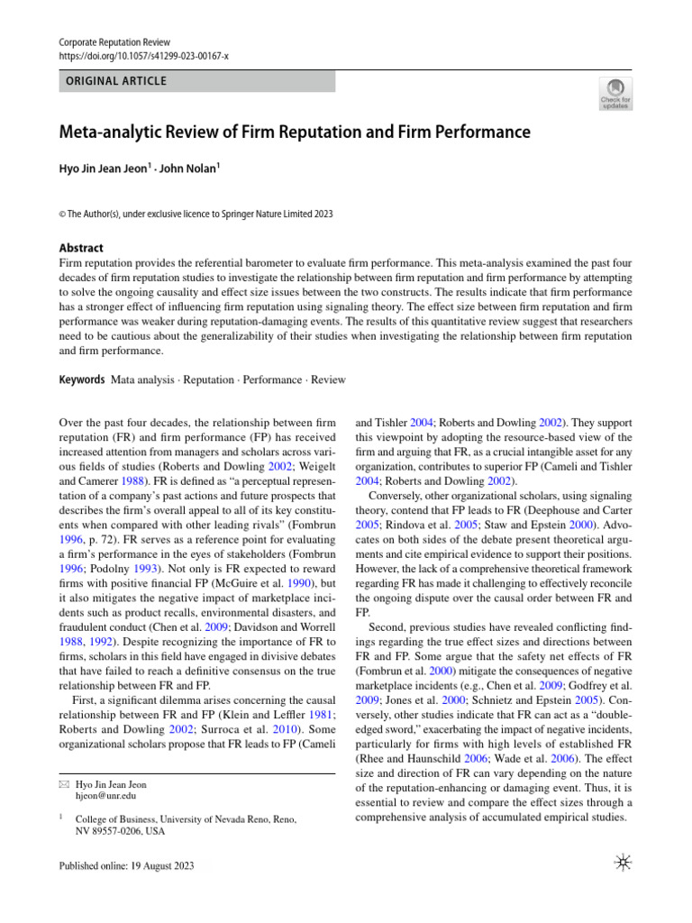 Meta-Analytic Review of Firm Reputation and Firm Performance | PDF | Reputation | Meta Analysis