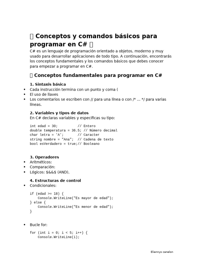 Conceptos y Comandos Basicos para | PDF | C Sharp (lenguaje de programación) | Ingeniería ...