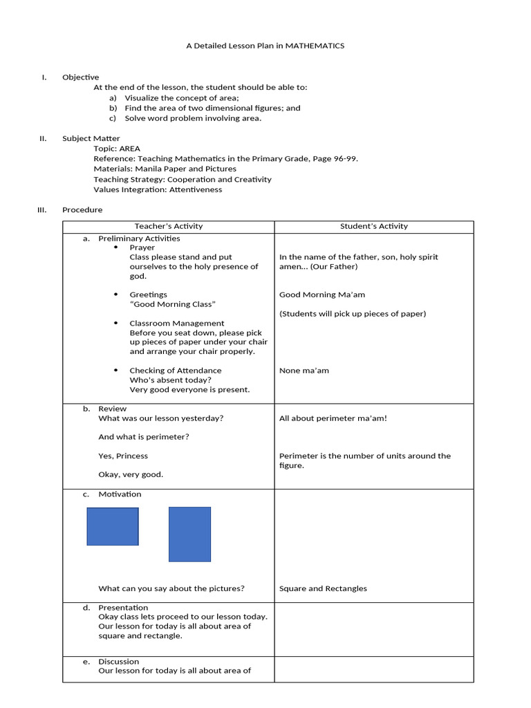 A Detailed Lesson Plan in MATHEMATICS | PDF | Area | Lesson Plan