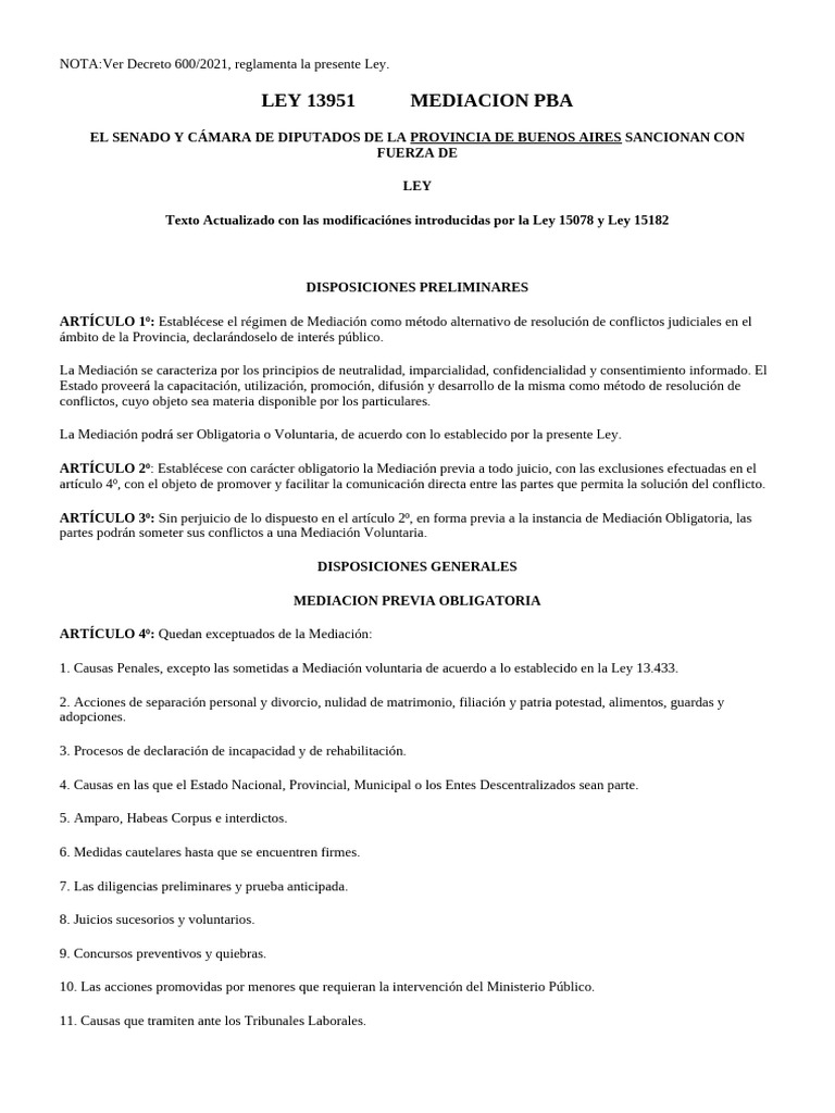 Ley 13951 Mediacion Pba | PDF | Mediación | Justicia