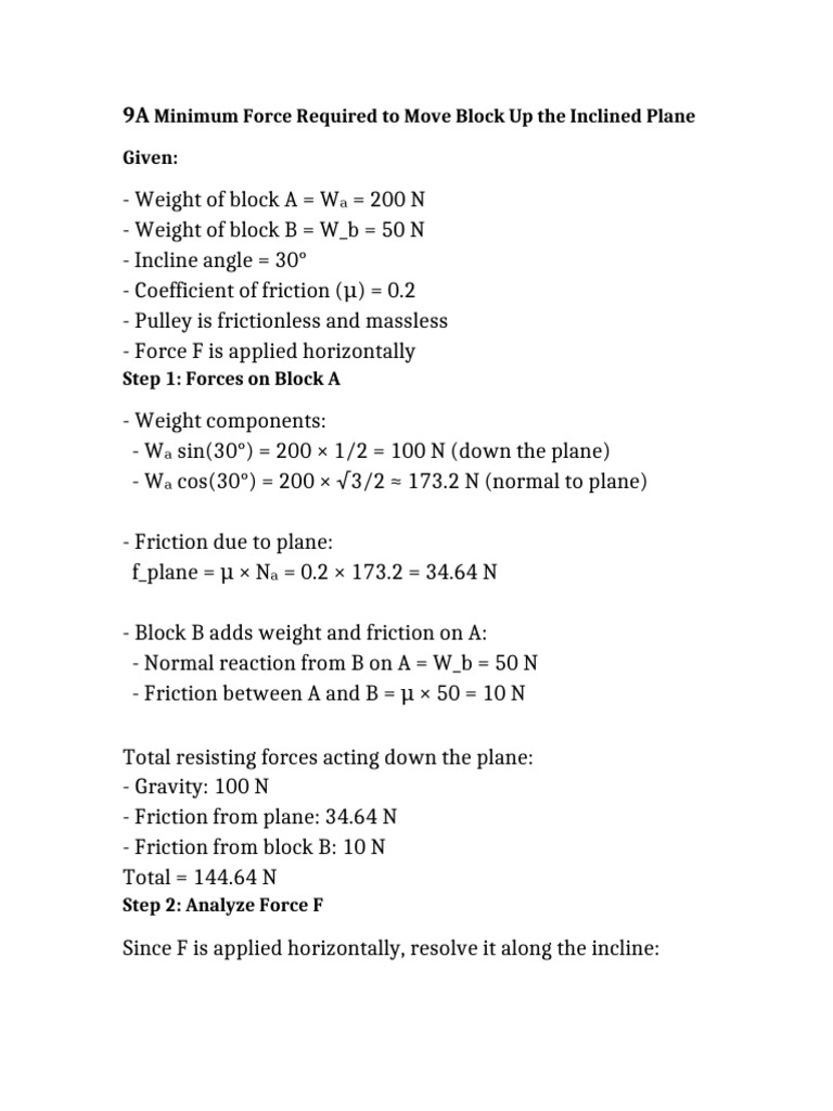 Minimum Force Required To Move Block Up The Inclined Plane Given | PDF