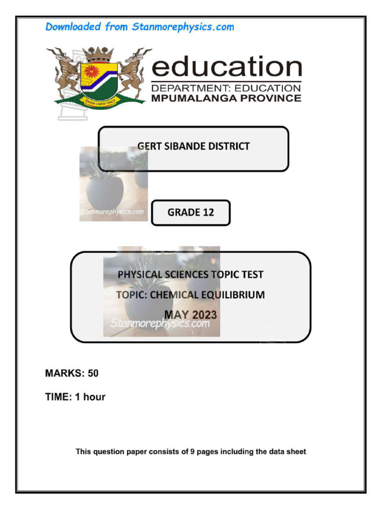 MP Physical Science Grade 12 TEST Chemical Equilibrium 2023 and Memo | PDF