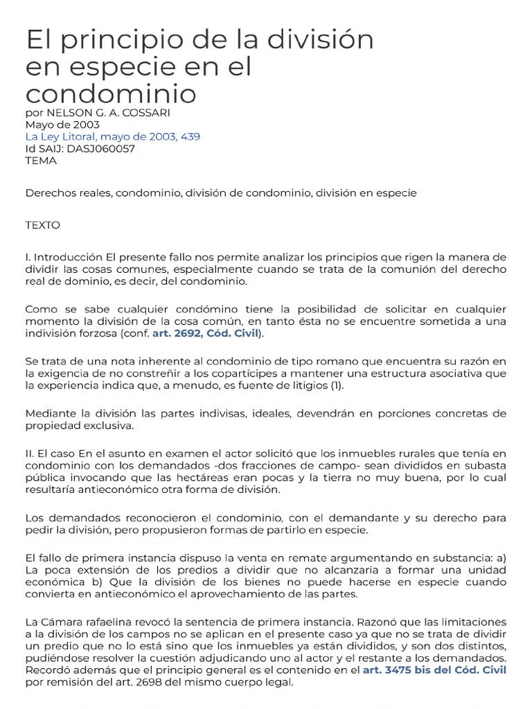 El principio de la división en especie en el condominio | PDF