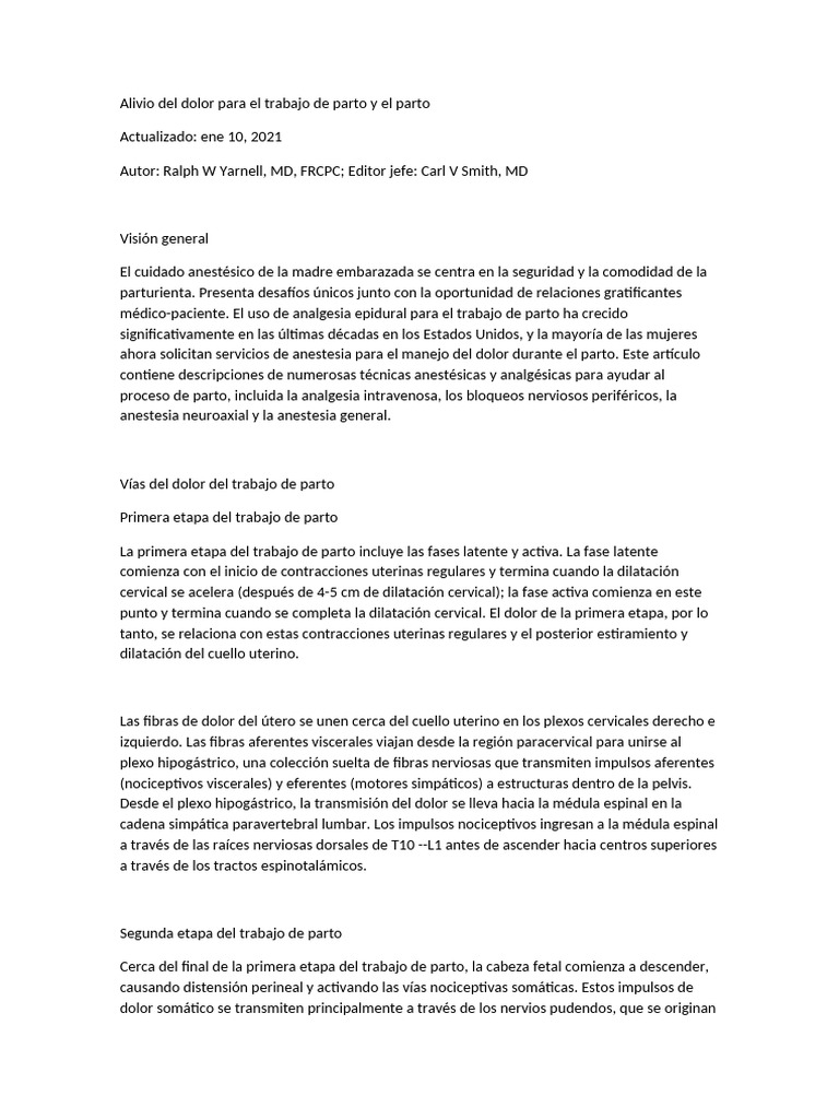 Alivio del dolor para el trabajo de parto y el parto | PDF | Parto ...
