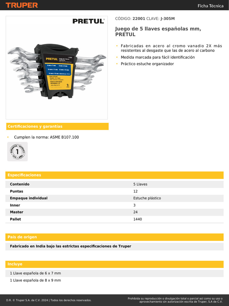 Ficha Tecnica Juego de 5 Llaves Españolas Marca Pretul | PDF